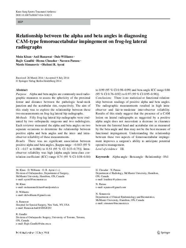 (PDF) Alpha and Beta Angles in CAM Impingement Diagnosis