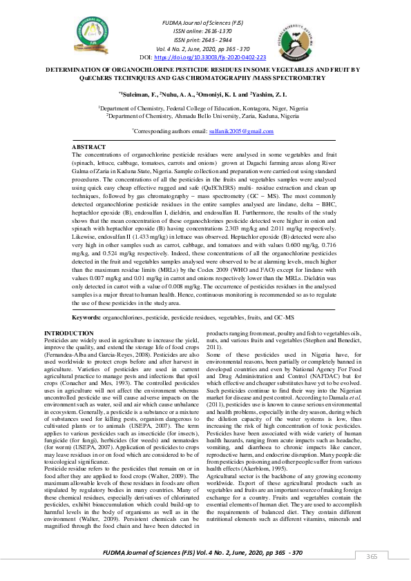 (PDF) DETERMINATION OF ORGANOCHLORINE PESTICIDE RESIDUES IN SOME VEGETABLES AND FRUIT BY ...