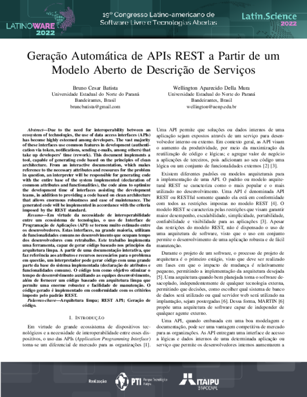 (PDF) Geração Automática de APIs REST a Partir de um Modelo Aberto de ...