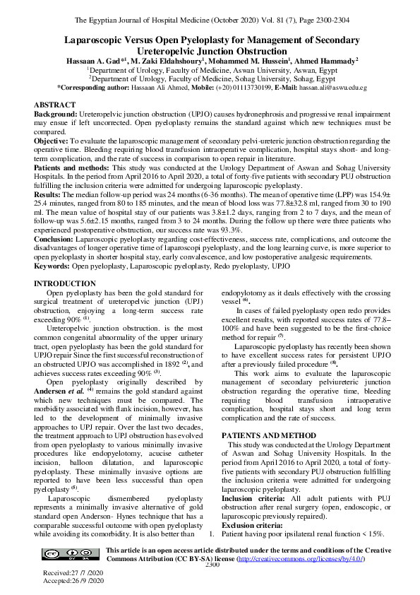 (PDF) Laparoscopic Versus Open Pyeloplasty for Management of Secondary ...