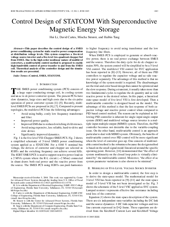 Pdf Control Design Of Statcom With Superconductive Magnetic Energy Storage David Cartes