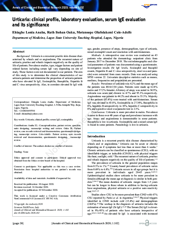 (PDF) Urticaria: clinical profile, laboratory evaluation, serum IgE evaluation and its significance