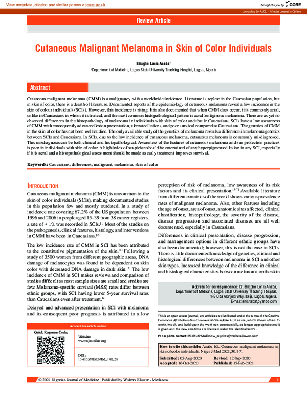 (PDF) Cutaneous malignant melanoma in skin of color individuals