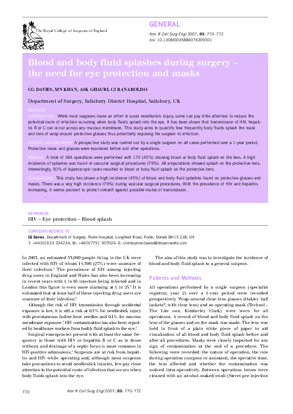 (PDF) Blood and Body Fluid Splashes During Surgery – The Need for Eye ...