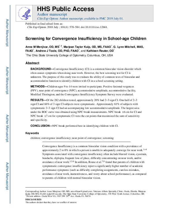 (PDF) Evaluating Screening Tests for Convergence Insufficiency in Children