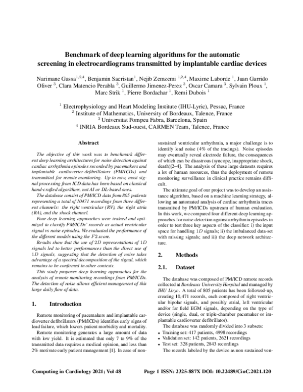Pdf Benchmark Of Deep Learning Algorithms For The Automatic Screening In Electrocardiograms