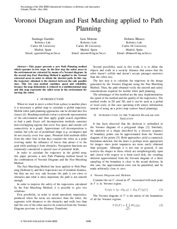 (PDF) Voronoi diagram and fast marching applied to path planning | Luis Moreno - Academia.edu
