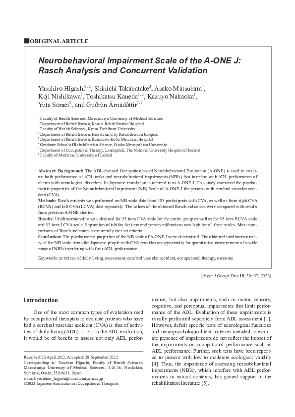 (PDF) Neurobehavioral Impairment Scale of the A-ONE J: Rasch Analysis ...