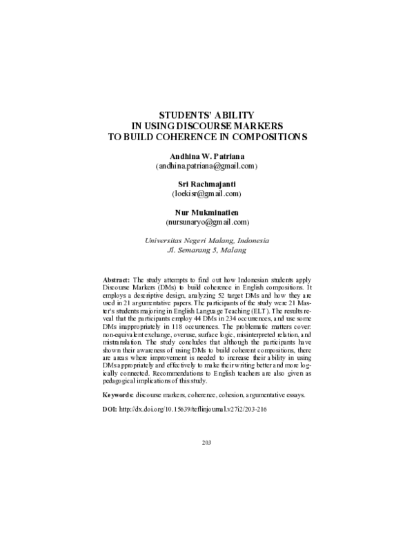 (PDF) Students’ Ability in Using Discourse Markers to Build Coherence in Compositions