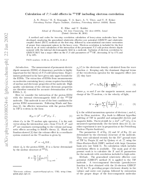 (PDF) Calculation ofP,T-Odd Effects inT205lFIncluding Electron Correlation