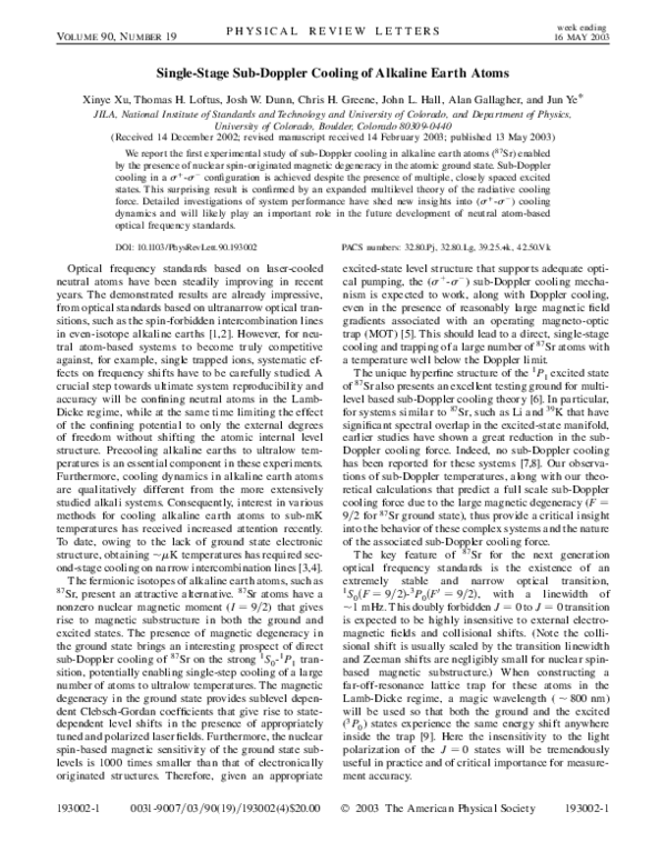 (PDF) Single-Stage Sub-Doppler Cooling of Alkaline Earth Atoms