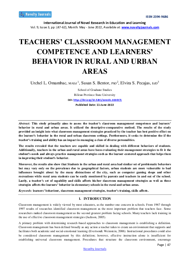 (PDF) Teachers' Classroom Management Competence and Learners' Behavior ...