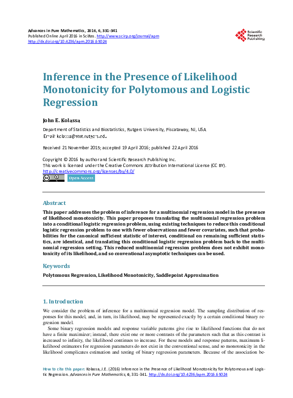 (PDF) Inference in the Presence of Likelihood Monotonicity for Polytomous and Logistic Regression