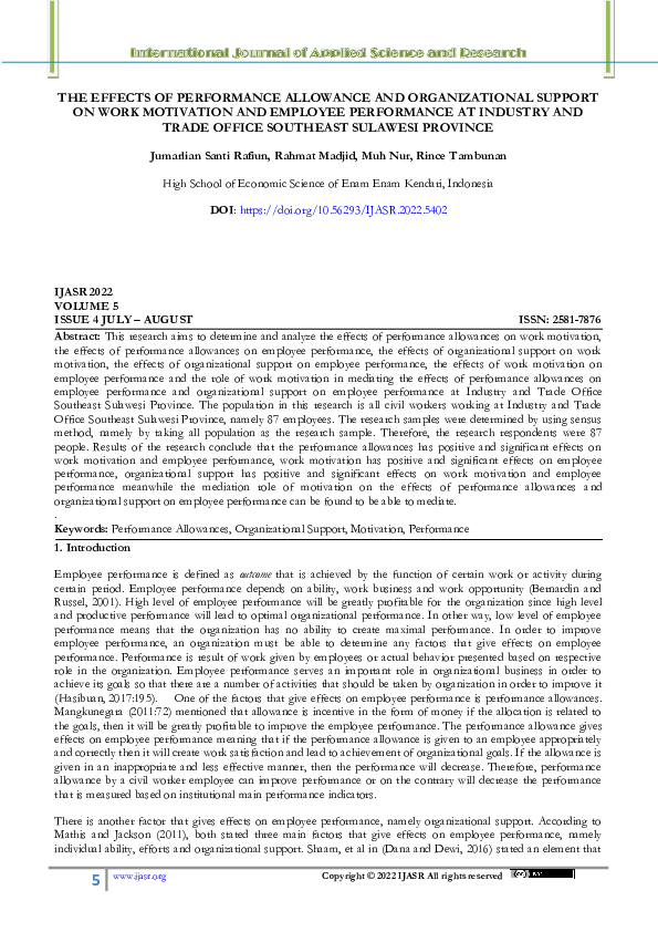 (PDF) The Effects of Performance Allowance and Organizational Support ...
