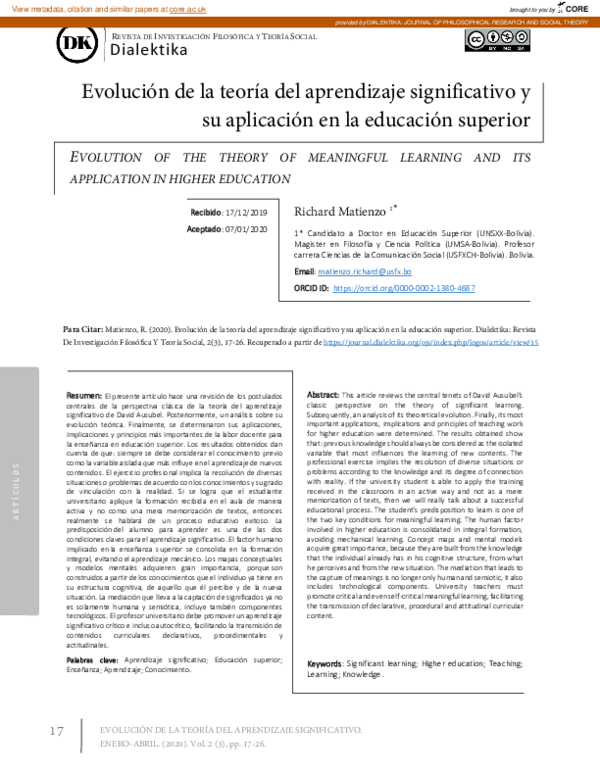 (PDF) Evolución de la teoría del aprendizaje significativo y su ...