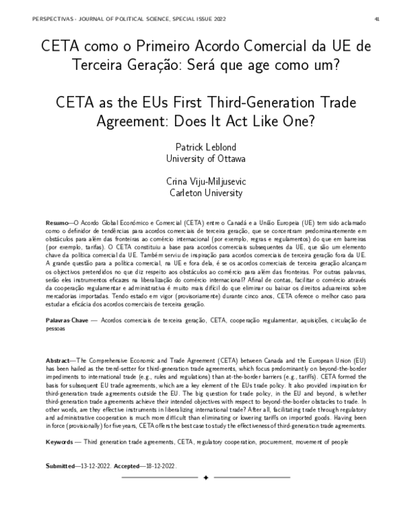 (PDF) Article 8 - CETA as the EU’s First Third-Generation Trade Agreement: Does It Act Like One ...