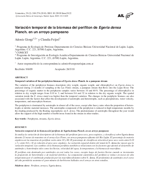 (PDF) Variación temporal de la biomasa del periton de Egeria densa ...