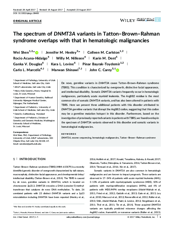 (PDF) The spectrum of DNMT3A variants in Tatton-Brown-Rahman syndrome ...