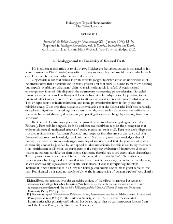 (PDF) Heidegger's Topical Hermeneutics: The Sophist Lectures