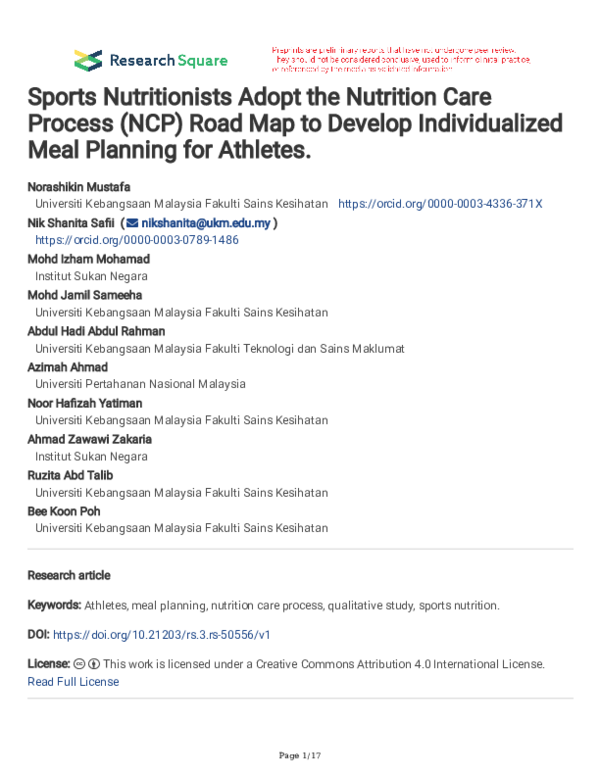 (PDF) Sports Nutritionists Adopt the Nutrition Care Process (NCP) Road ...