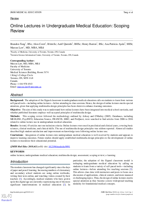 (PDF) Online Lectures in Undergraduate Medical Education: Scoping Review