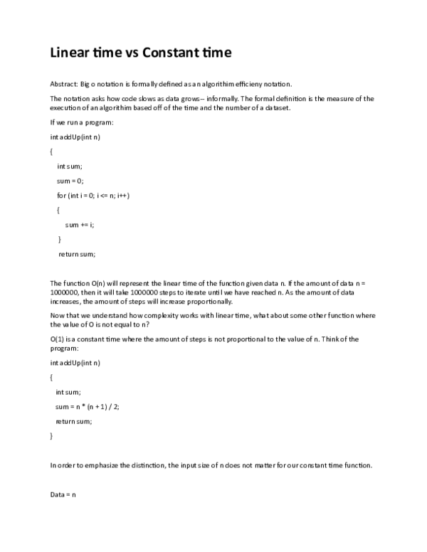 (DOC) Linear time vs Constant time