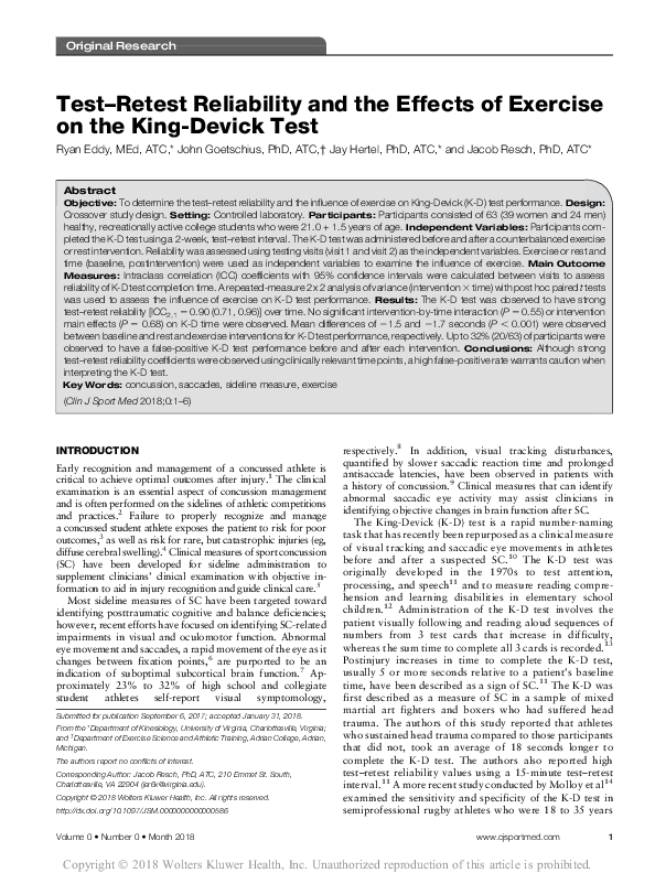 (PDF) Test-Retest Reliability and the Effects of Exercise on the King ...