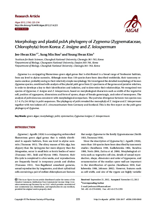 (PDF) Morphology and plastid psbA phylogeny of Zygnema (Zygnemataceae ...