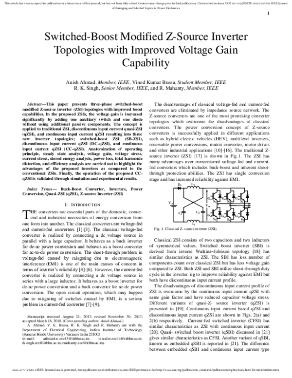 (PDF) Switched-Boost-Modified Z-Source Inverter Topologies With Improved Voltage Gain Capability