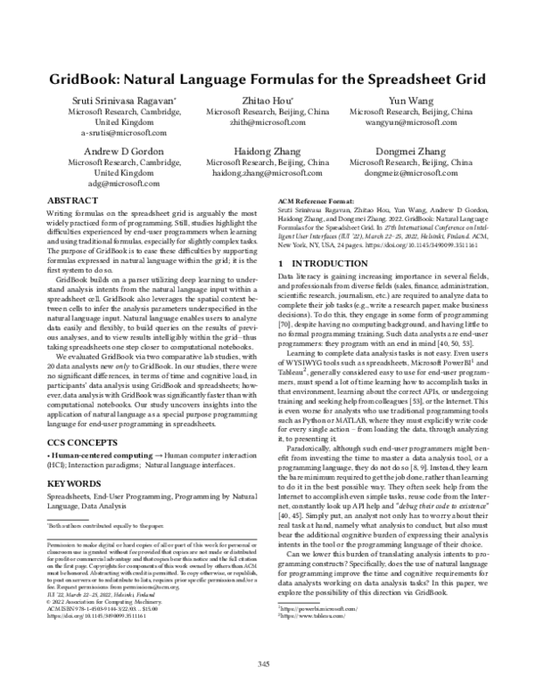 (PDF) GridBook: Natural Language Formulas for the Spreadsheet Grid