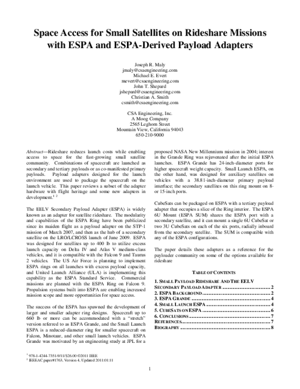 (PDF) Space access for small satellites on rideshare missions with ESPA ...