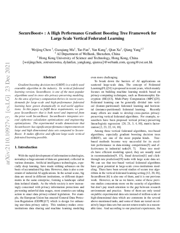Pdf Secureboost A High Performance Gradient Boosting Tree Framework For Large Scale