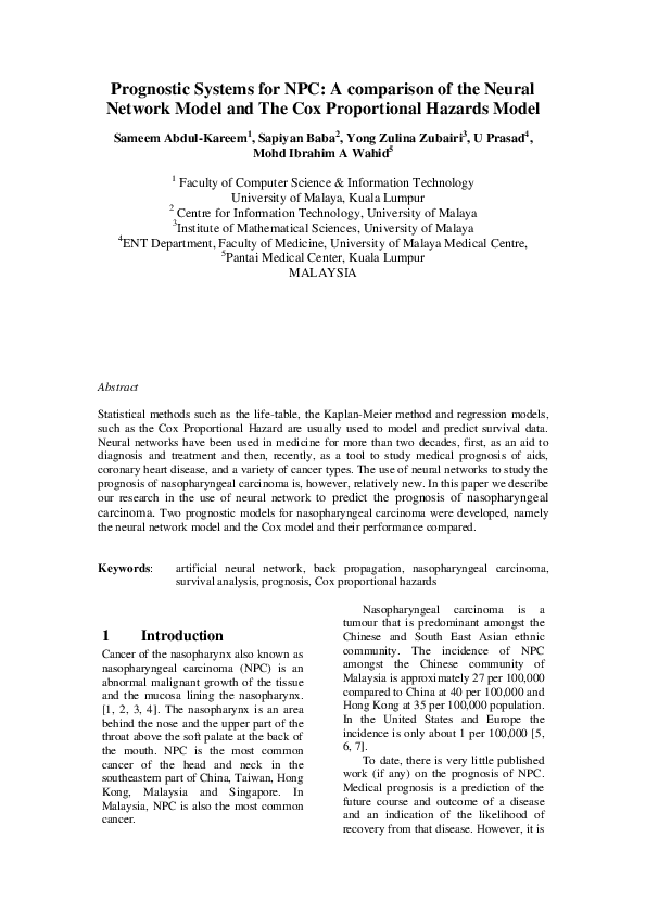 (PDF) Prognostic Systems for NPC: A comparison of the Neural Network Model and The Cox ...