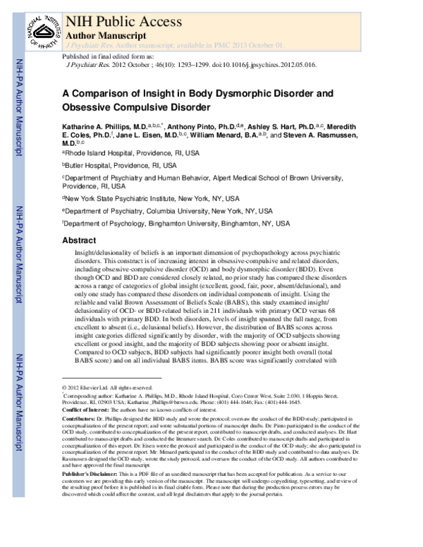 (PDF) A comparison of insight in body dysmorphic disorder and obsessive ...