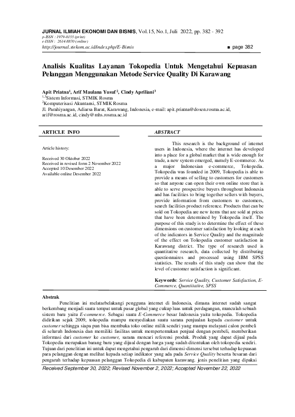 (PDF) Analisis Kualitas Layanan Tokopedia Untuk Mengetahui Kepuasan Pelanggan Menggunakan Metode ...