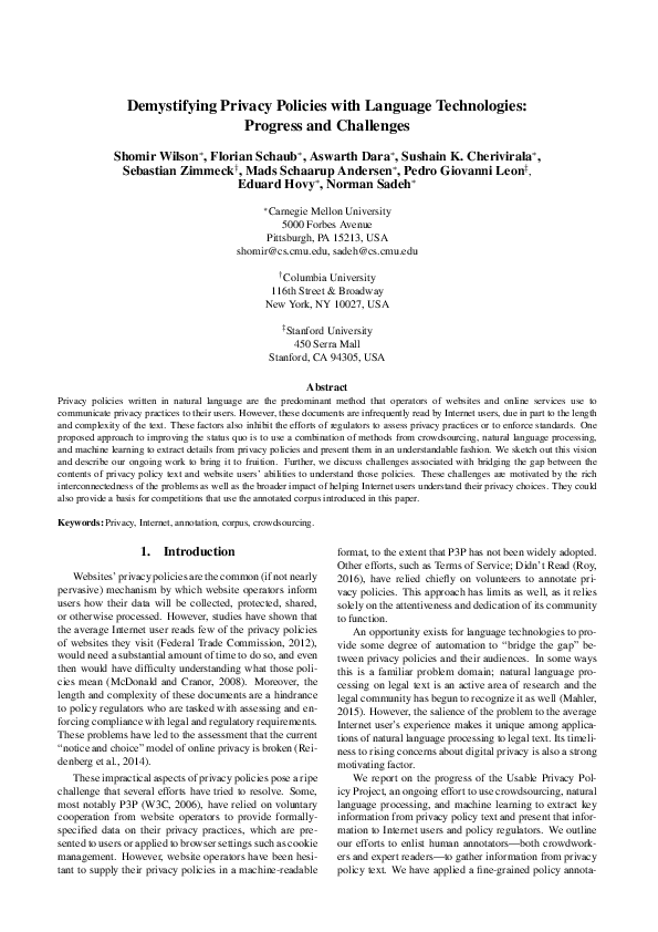 (PDF) Demystifying Privacy Policies with Language Technologies : Progress and Challenges