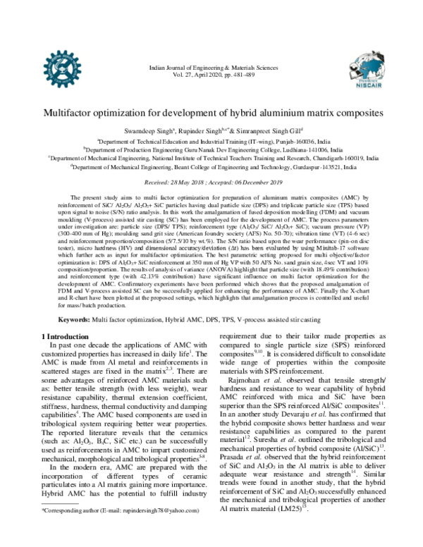 (PDF) Multifactor optimization for development of hybrid aluminium ...