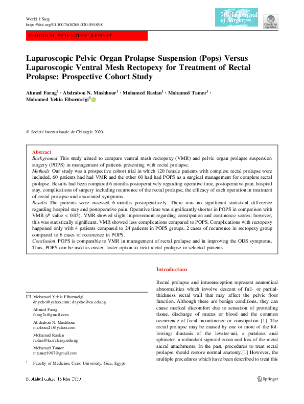 (PDF) Laparoscopic Pelvic Organ Prolapse Suspension (Pops) Versus ...