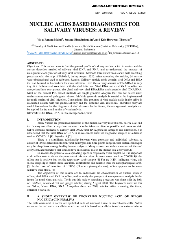 (PDF) Nucleic Acids Based Diagnostics for Salivary Viruses: A Review