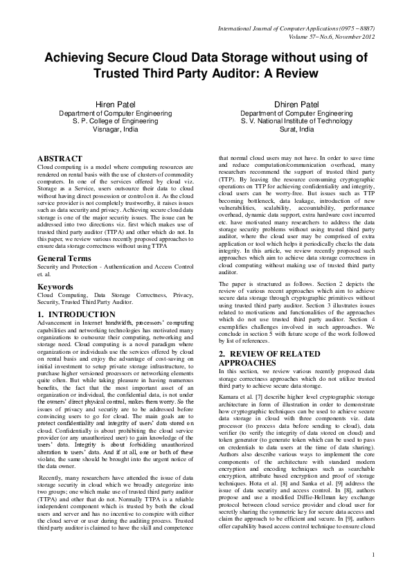 (PDF) Achieving Secure Cloud Data Storage without using of Trusted Third Party Auditor: A Review