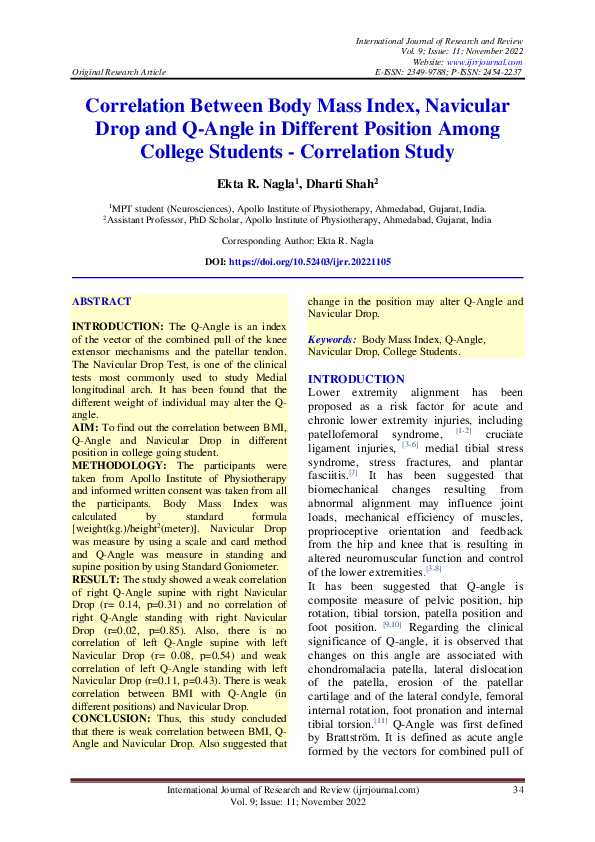 (PDF) Correlation Between Body Mass Index, Navicular Drop and Q-Angle in Different Position ...