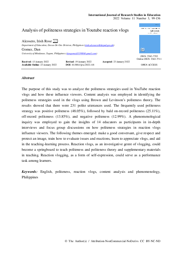 (PDF) Analysis of politeness strategies in Youtube reaction vlogs