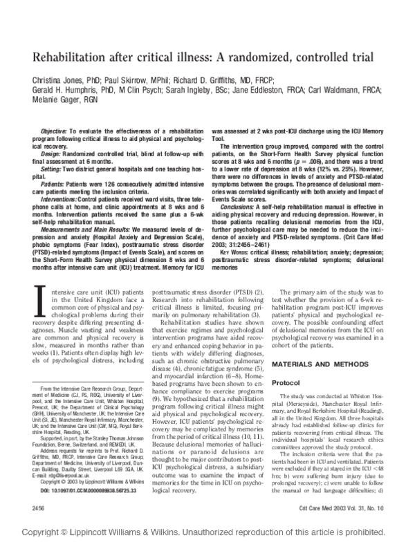 (PDF) Rehabilitation after critical illness: A randomized, controlled trial
