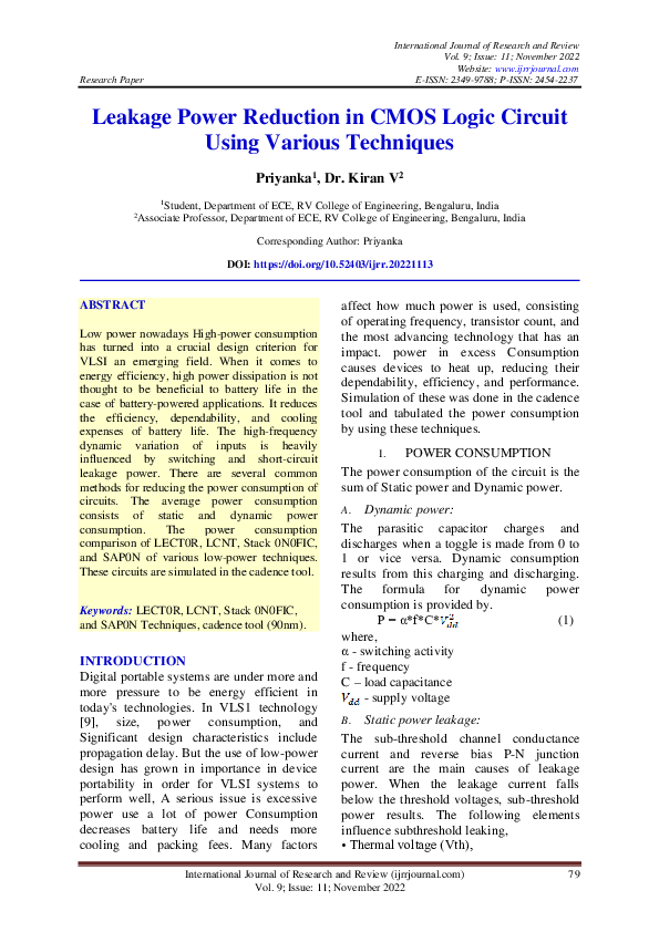 Pdf Leakage Power Reduction In Cmos Logic Circuit Using Various Techniques