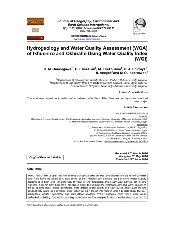 (PDF) Hydrogeology and Water Quality Assessment (WQA) of Ikhueniro and Okhuahe Using Water ...