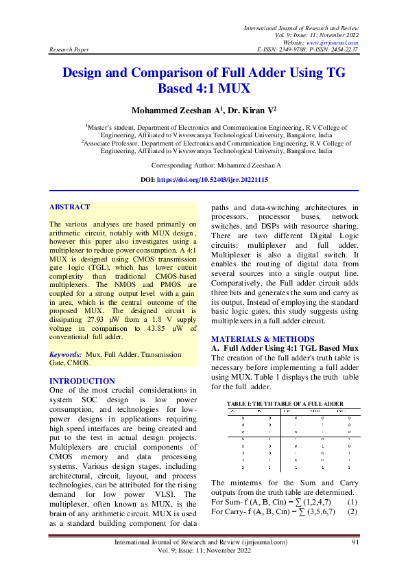 (PDF) Design and Comparison of Full Adder Using TG Based 4:1 MUX