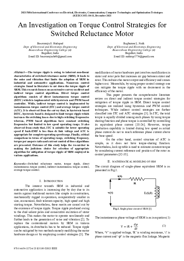 Pdf An Investigation On Torque Control Strategies For Switched Reluctance Motor