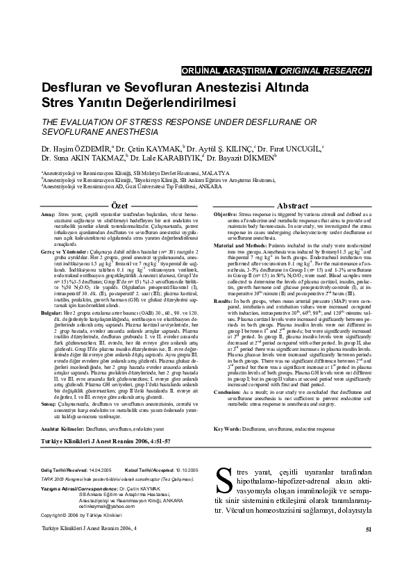 (PDF) Desfluran ve Sevofluran Anestezisi Altında Stres Yanıtın ...