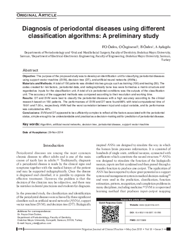 (PDF) Diagnosis of periodontal diseases using different classification algorithms: A preliminary ...