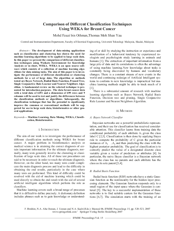 Pdf Comparison Of Different Classification Techniques Using Weka For Breast Cancer